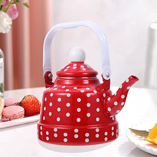 CALLARON Grandma Gifts Porcelain Enameled Teakettle Vintage Enamel Tea Kettle Teapot 2.5L Polka Dot Coffee Kettle Water Boiling Kettle with Cool Touch Handle for Stovetop Red Tea Infuser