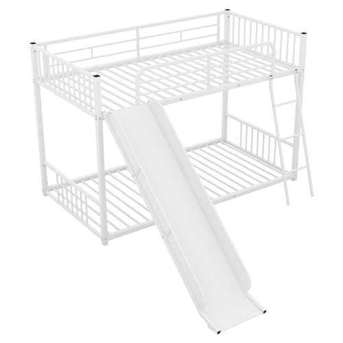 BOVZA Twin Over Twin Low Bunk Bed with Slide, Metal Bunk Bed Frame with Metal Slats Support and Guardrails for Kids Boys Girls Teens, No Box Spring Needed, White