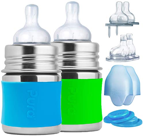 Pura Kiki Newborn Baby Bottle Gift Set - BPA-Free, Stainless Steel, Anti-Colic, Silicone Starter Feeding for Breastmilk & Formula - Aqua & Green, 0-18 Months