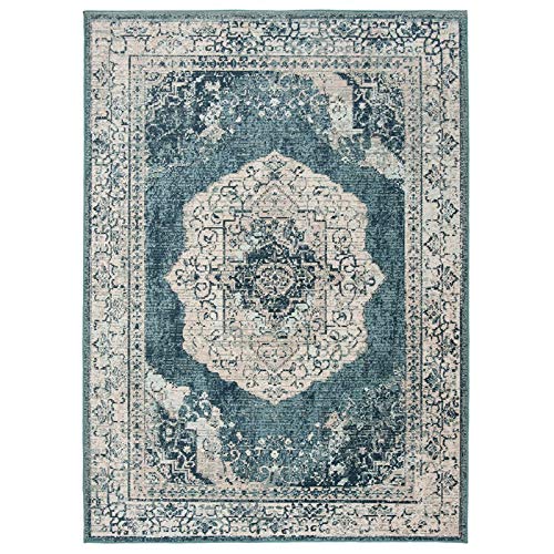SAFAVIEH Crystal Collection Area Rug - 8' x 10', Beige & Dark Teal, Boho Chic Medallion Distressed Design, Non-Shedding & Easy Care, Ideal for High Traffic Areas in Living Room, Bedroom (CRS519B)