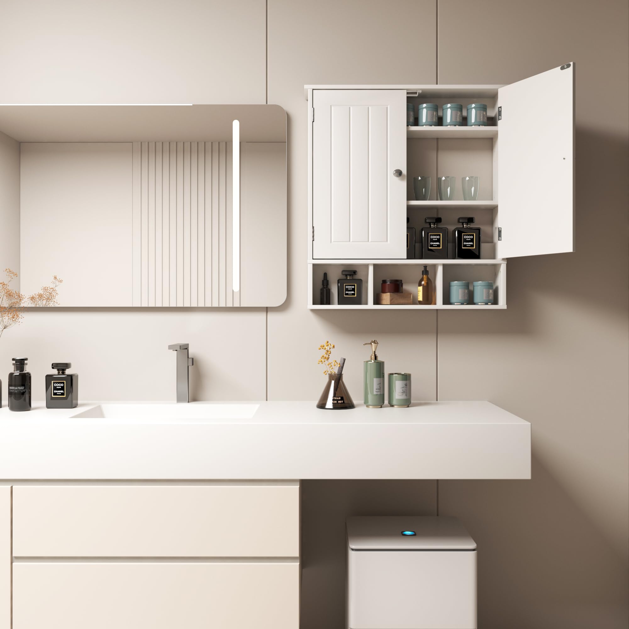 Bathroom Medicine Cabinet 2 Doors with 3 Open Shelves, Over The Toilet Storage Wall Mounted Medicine Cabinet with Adjustable Partitions,Home Bathroom Cabinet for Bathroom,Living Room,Kitchen,White