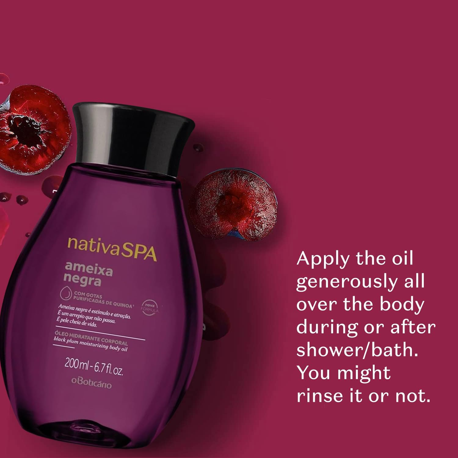 Nativa SPA by O Boticário, Black Plum Body Oil, Scented Moisturizer, Enriched with Purified Quinoa Drops to Boost Hydration, 6.8 Ounce