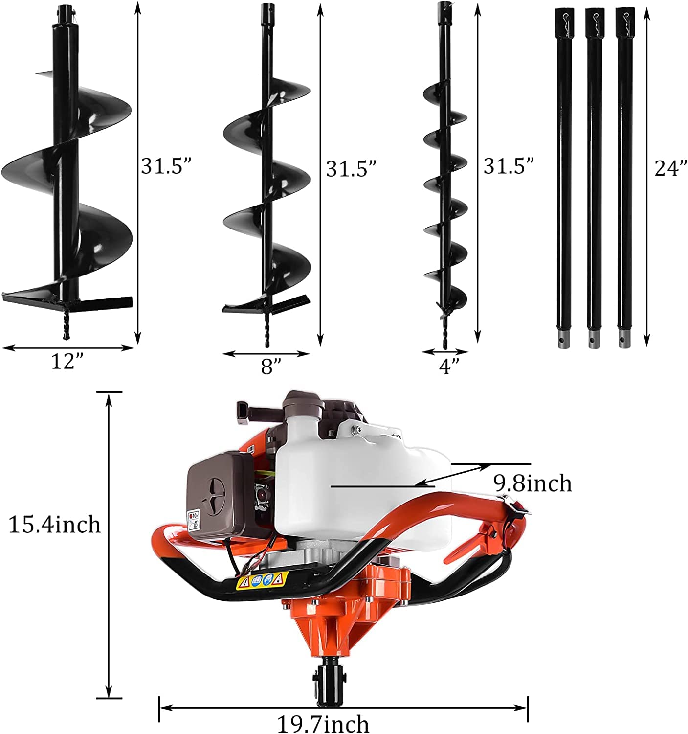 Auger Post Hole Digger Gas Powered 72CC 4HP 2 Stroke Earth Ground Auger with 3 Garden Auger Spiral Drill Bits 4" & 8" & 12", 3 Extension Rods for Planting, Post Hole Digging, Drilling