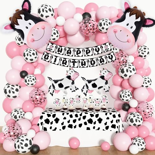 Amandir 117PCS Cow Party Decorations Pink Cow Balloon Garland Arch Kit with Cow Print Balloons Happy Birthday Banner Cake Topper for Girl Baby Shower Farm Animals Cow Themed Birthday Party Supplies