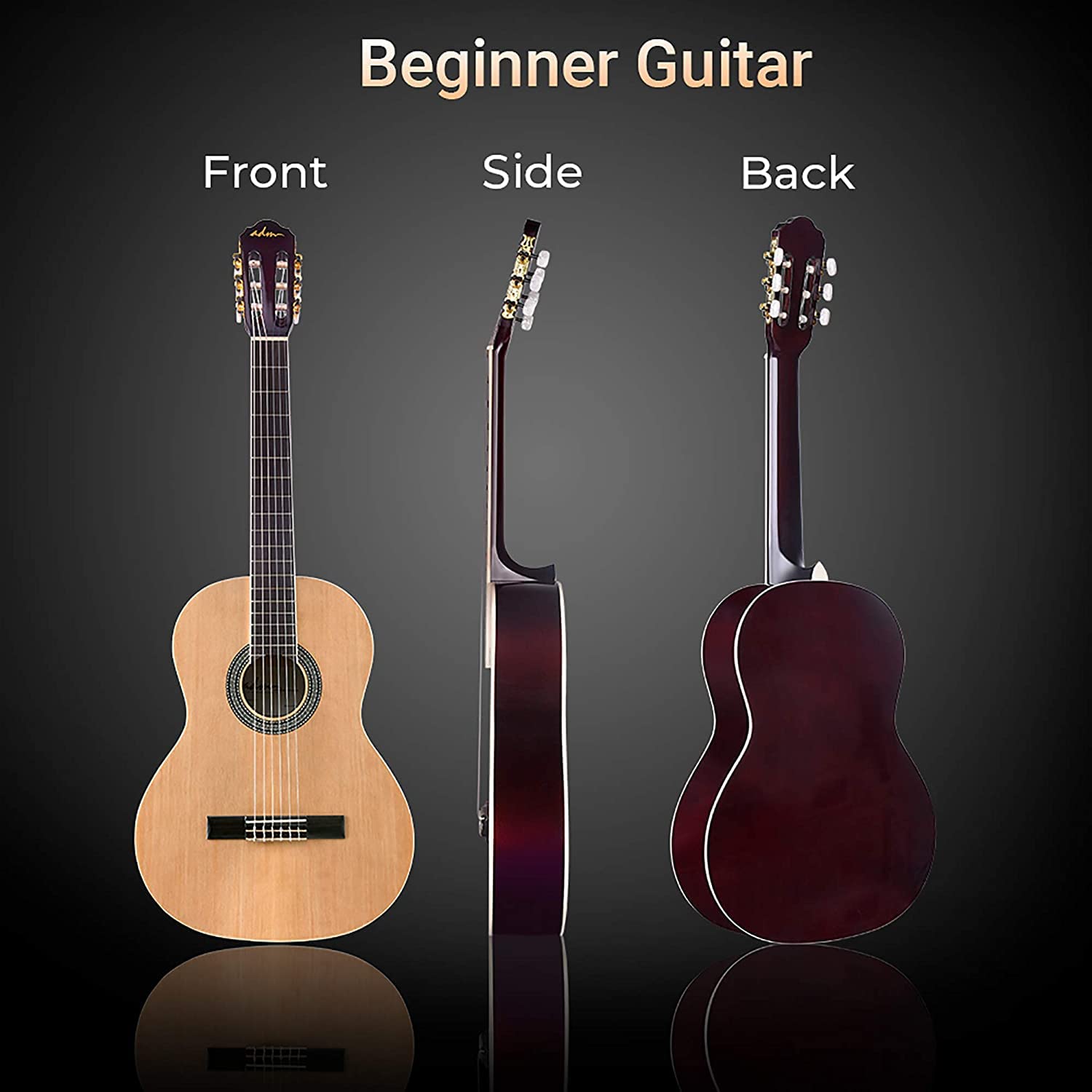 ADM Full Size Classical Nylon Strings Acoustic Guitar 39 Inch Classic Guitarra Starter Bundle for Adult with Free Lessons, Gig Bag, Tuner, Footstool, Kids Student Beginner Kits, Nature