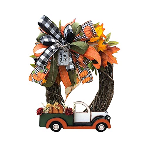 FRAKYEN Halloween Wreaths for Front Door Welcome Wreah Vintage Pumpkin Truck Wreath-Acrylic Holiday Door Frame Garland Decoration Decor for Front Door Halloween Fall Thanksgiving Indoor Outdoor