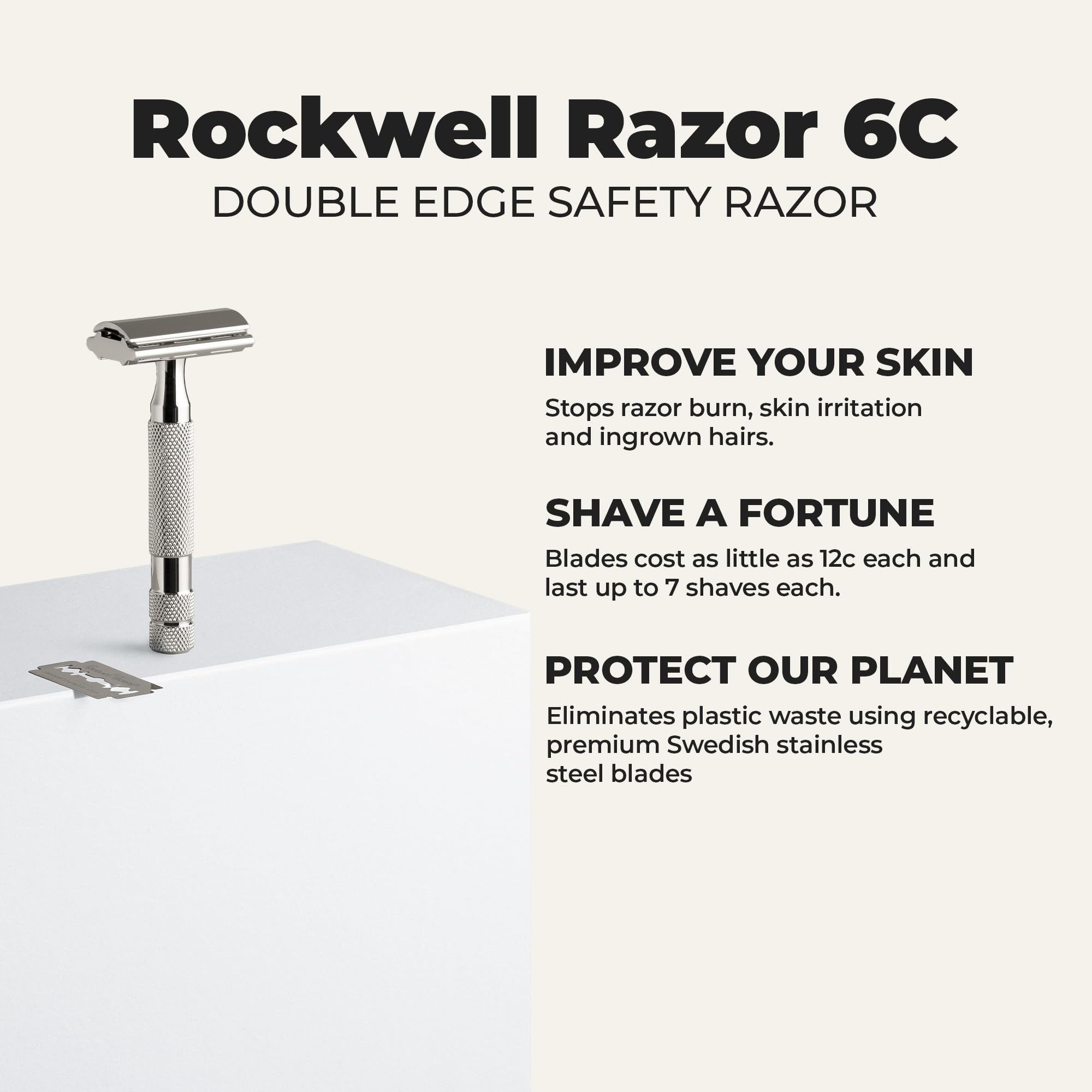 ROCKWELL RAZORS 6C White Chrome Safety Razor With 6 Adjustable Shave Settings and 5 Fully Recyclable Razor Blades Reusable Safety Razors for Men and Women