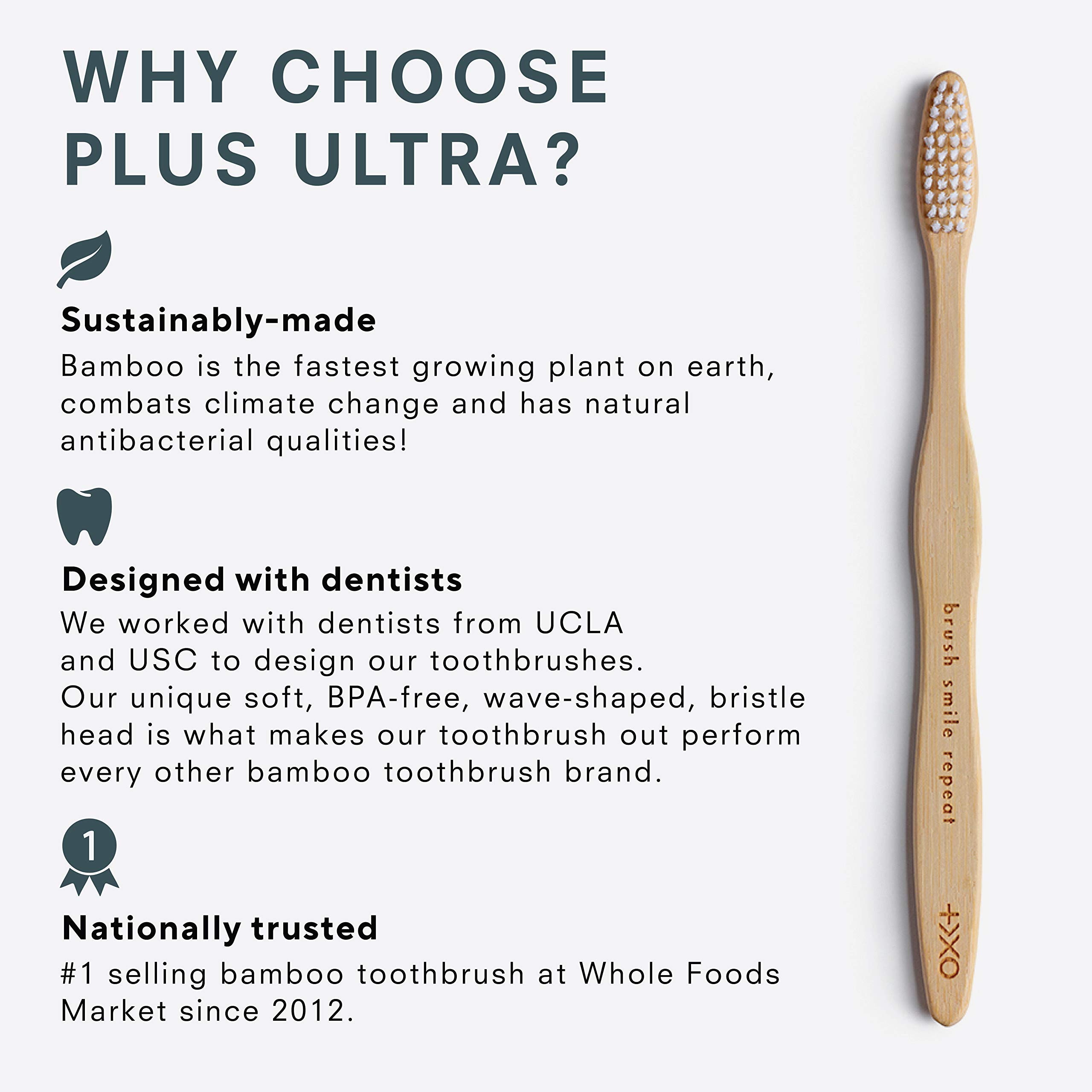 Plus Ultra Bamboo Toothbrush - BPA Free Soft Bristle Toothbrush for Adults - Dentist-Approved All-Natural Toothbrush with Brush Smile Repeat Etched on Handle