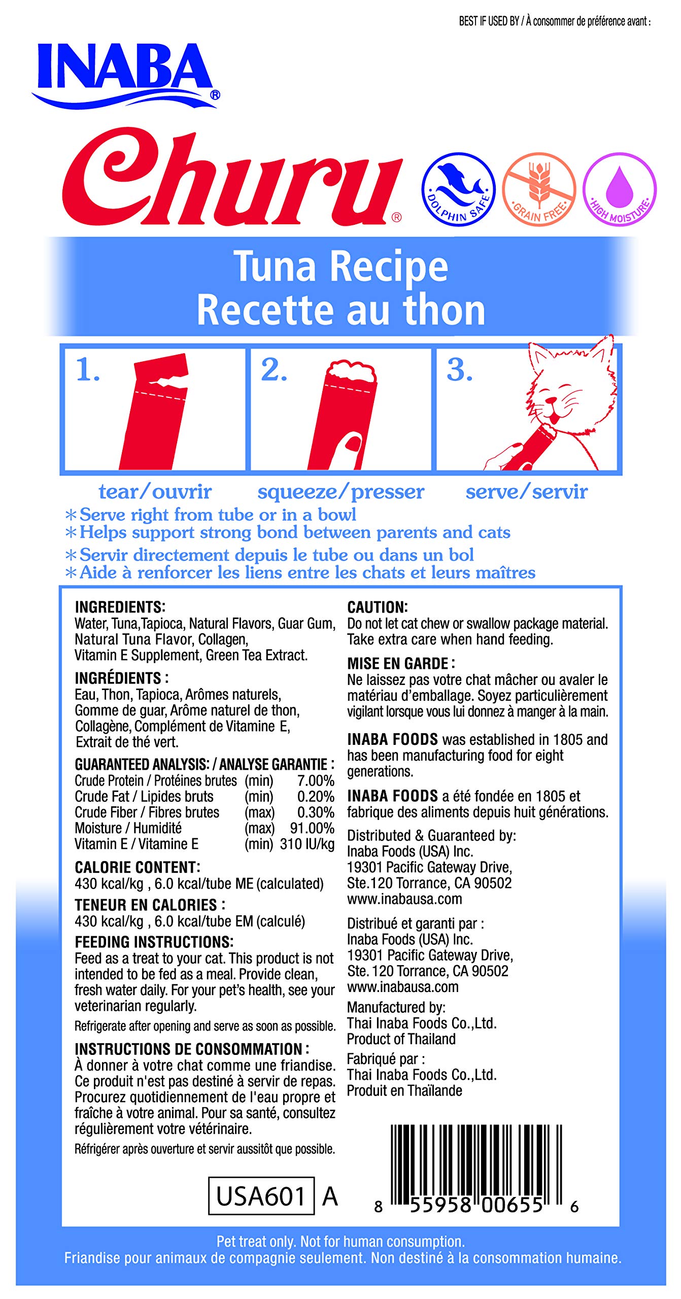 INABA Churu Lickable Purée Natural Cat Treats (Tuna Recipe, 4 Tubes)