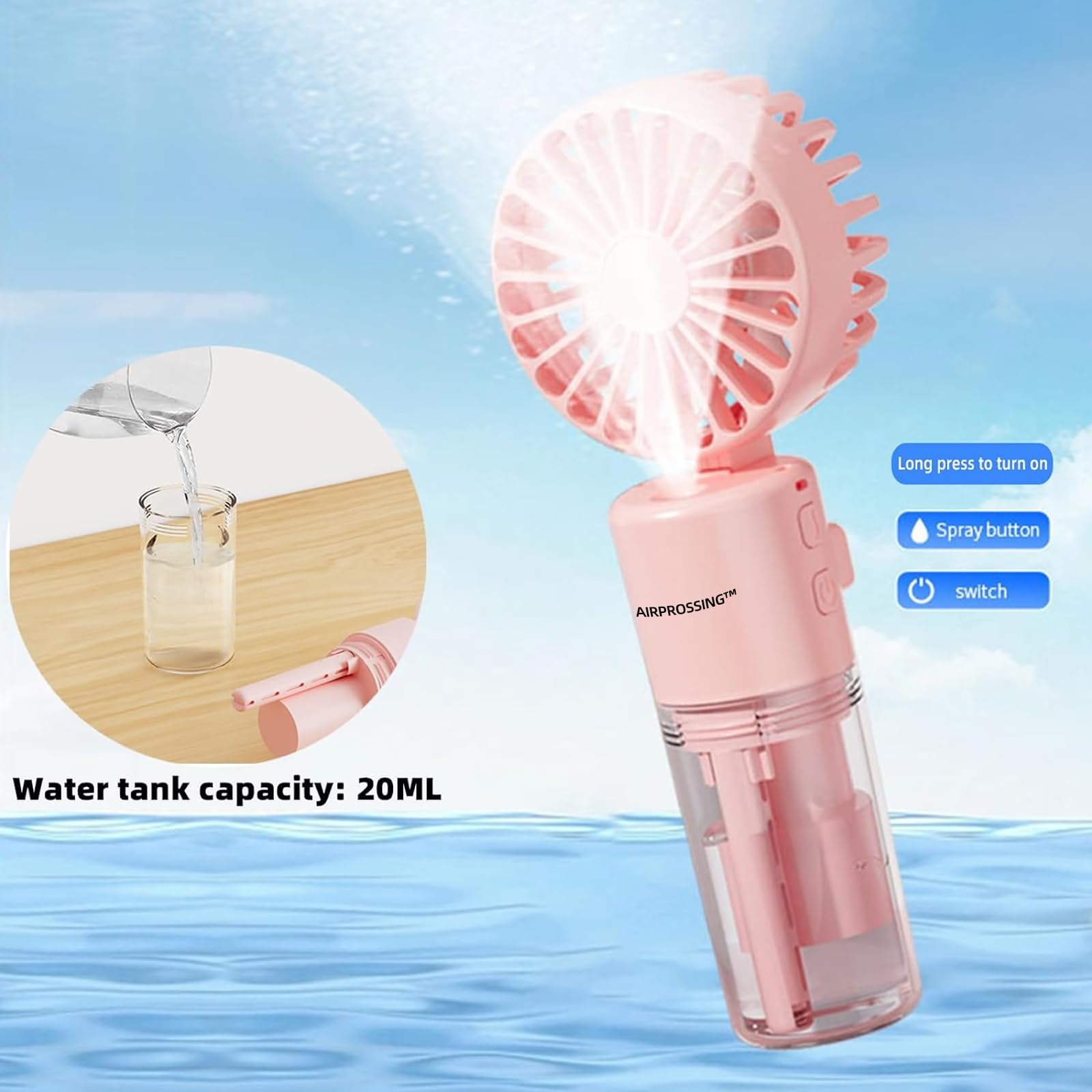 AIRPROSSING Portable Handheld Misting Fan,Rechargeable Battery Operated Spray Water Mist Fan Foldable,4 Speeds,Small Personal Cooling Fans for Outdoor,Travel, Makeup, Home, Office, Camping (white)