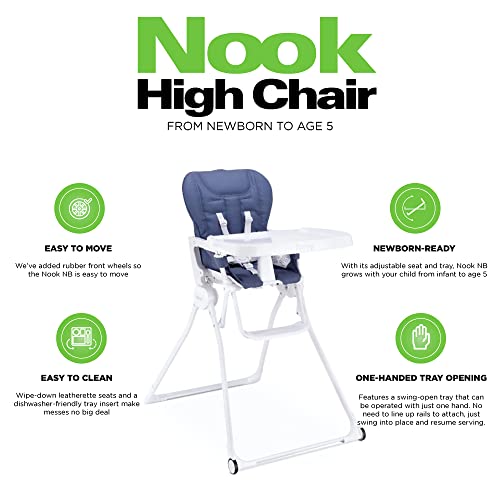 Joovy Nook NB High Chair Featuring Four-Position Adjustable Swing Open Tray, 3-Position Reclining Seat, and Front Wheels for Added Mobility - Folds Down Flat for Easy Storage, Slate