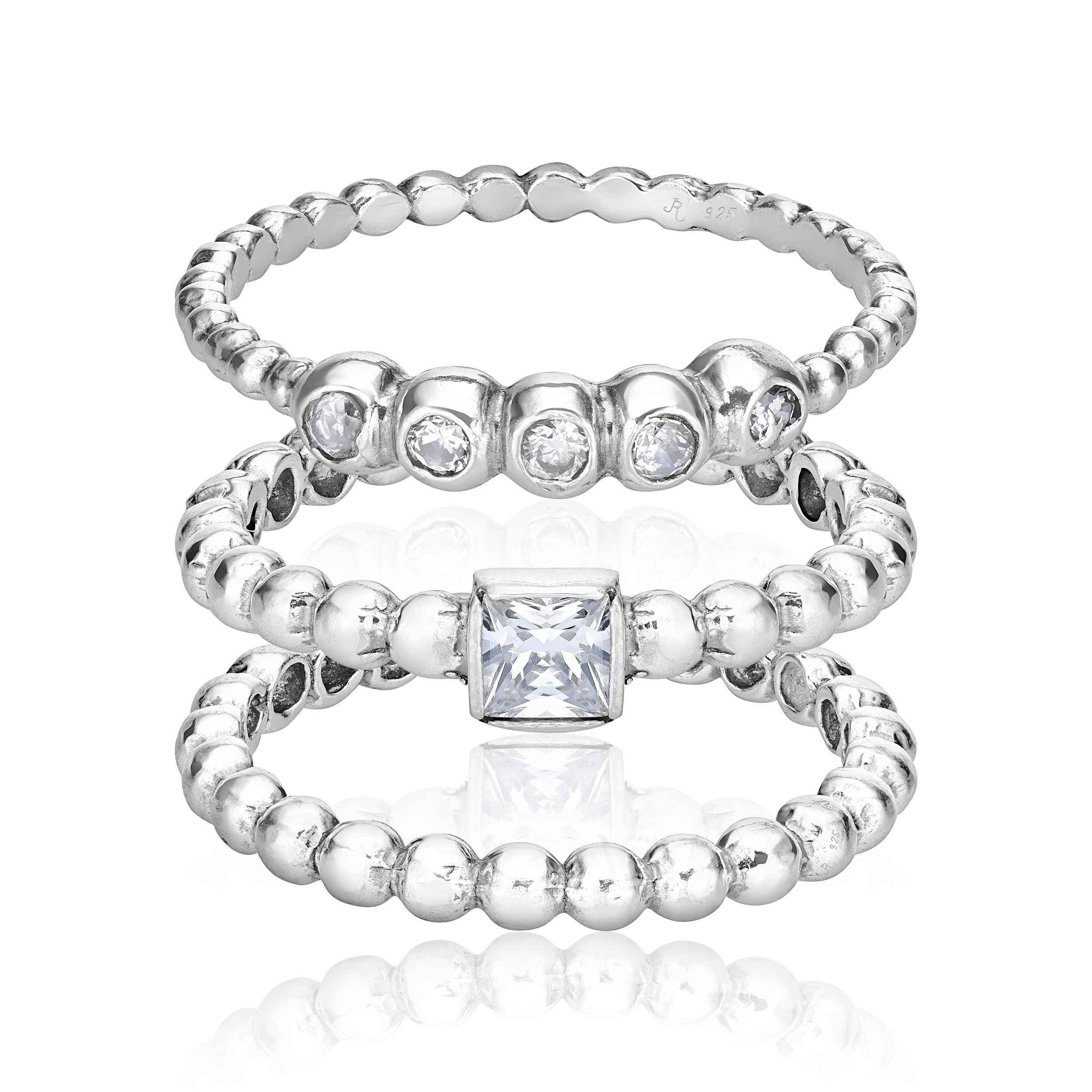 925 Sterling Silver Stack Ring With 1 White Square 5 White Round Cubic Zirconia 3-Set Rings Stackable Hypoallergenic Nickel and Lead-free Artisan Handcrafted Designer collection, Made In Israel
