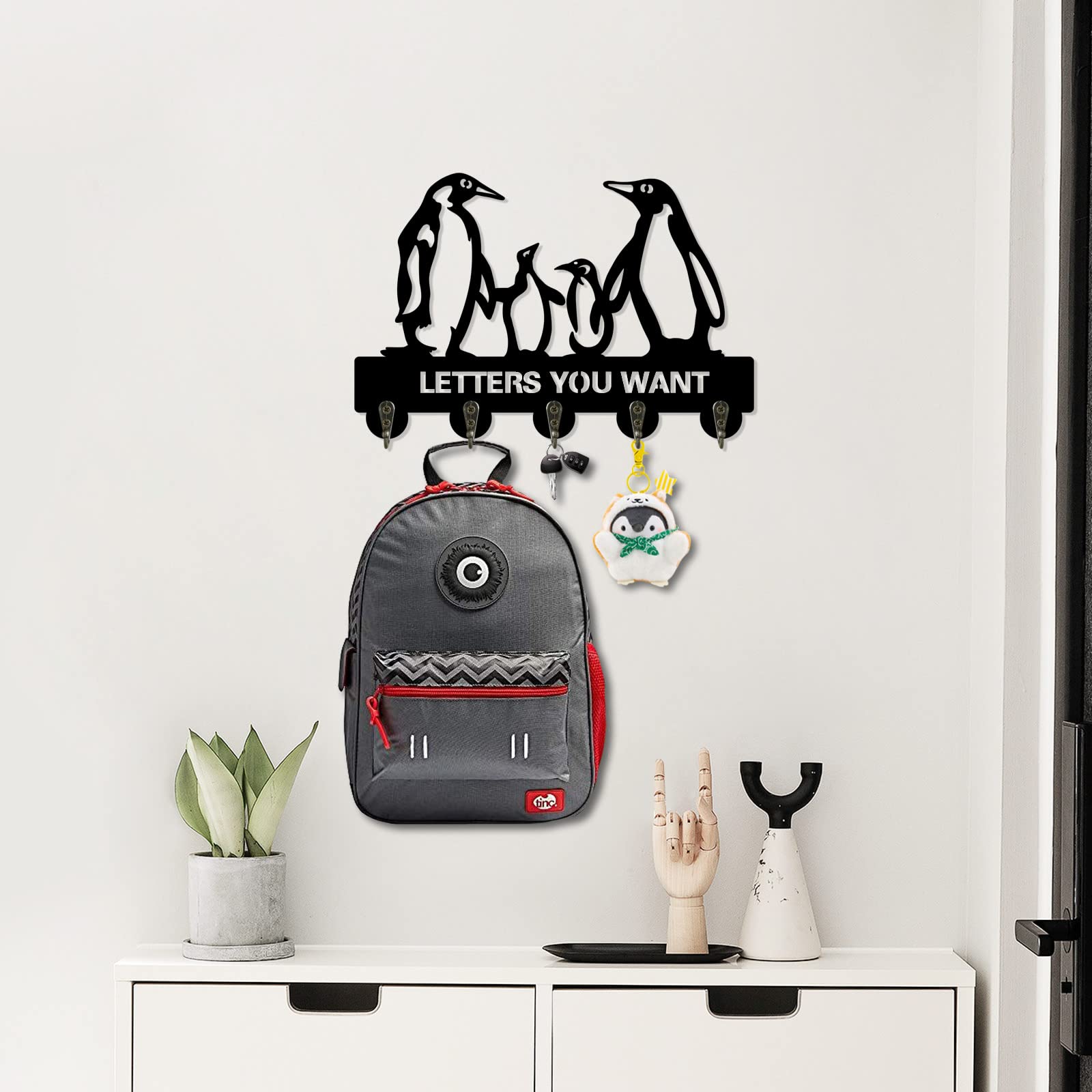 KingLive Penguin Key Holder for Wall, Family Theme Key Rack Hanger, Handmade Key Hooks for Wall, Wooden Coat Hat Clothes Towel Wall Hooks Hangers Hanging Decoration Wall Shang Signs