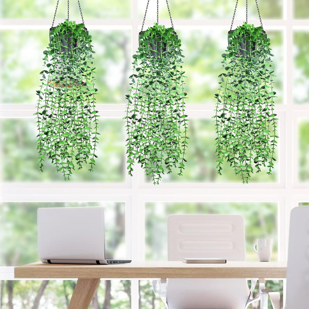 RECUTMS 2 Potted Fake Hanging Plants, Artificial Plants Hanging Tasteless Eucalyptus Leaf Shaped Natural Drooping Hanging Plants Artificial Decor Wall Home Garden (Green)