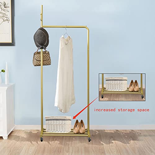FJANKUI Clothing Garment Rack with Lockable Wheels, 3-in-1 Rolling Clothes Rack for Hanging Clothes, 5 Side Hooks and Bottom Shelves Organizing Clothes,Shoes,bags,hats(31.5in gold)