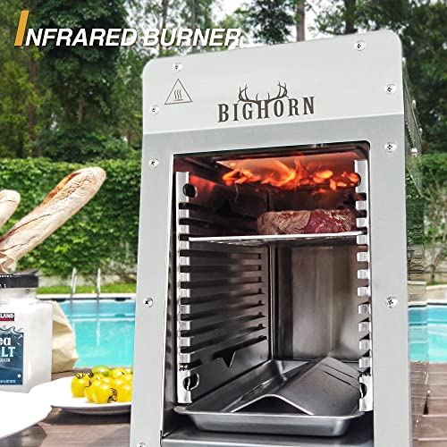BIG HORN OUTDOORS Portable Infrared Broiler Propane Gas Grill, 1500 Degree Stainless Steel Tabletop Quick Cooking Steak Grill for Meat, Seafood, Veggies