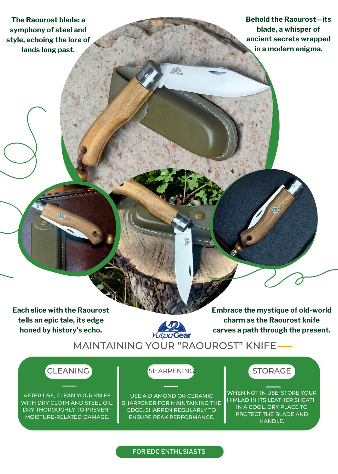 Yutpa Gear Hand Forged Knives Folding Pocket Knife 3.54" Stainless Steel Blade Plain Edge and Handmade Wood Handle with Leather Sheath - Rauros Survival EDC