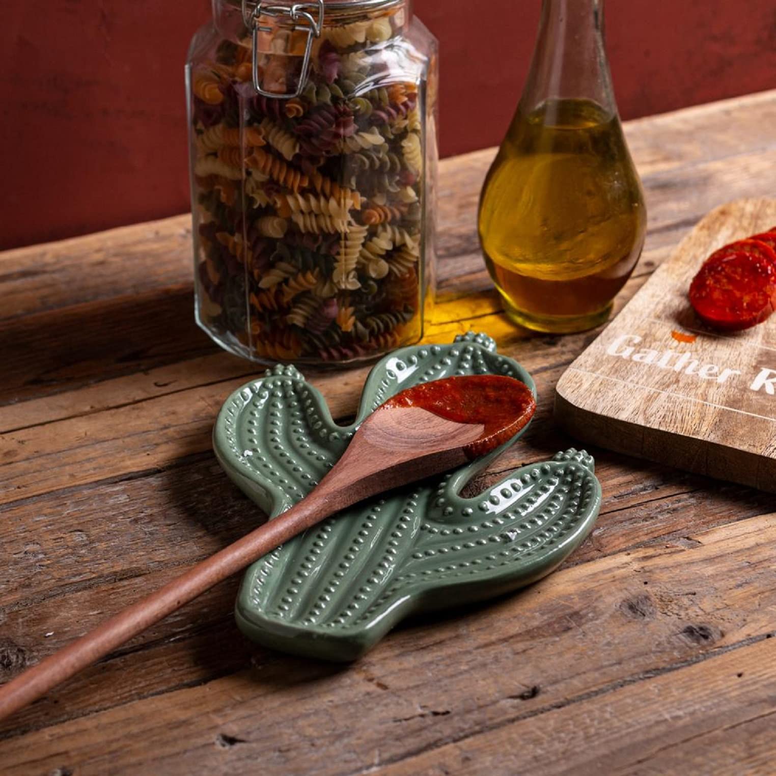 Green Cactus Shape Spoon Rest, By Glaver's - Kitchen Utensil, Ceramic Spoon Rest Rustic Farmhouse Design - For Stove Top and Kitchen Counter. Dishwasher Safe.