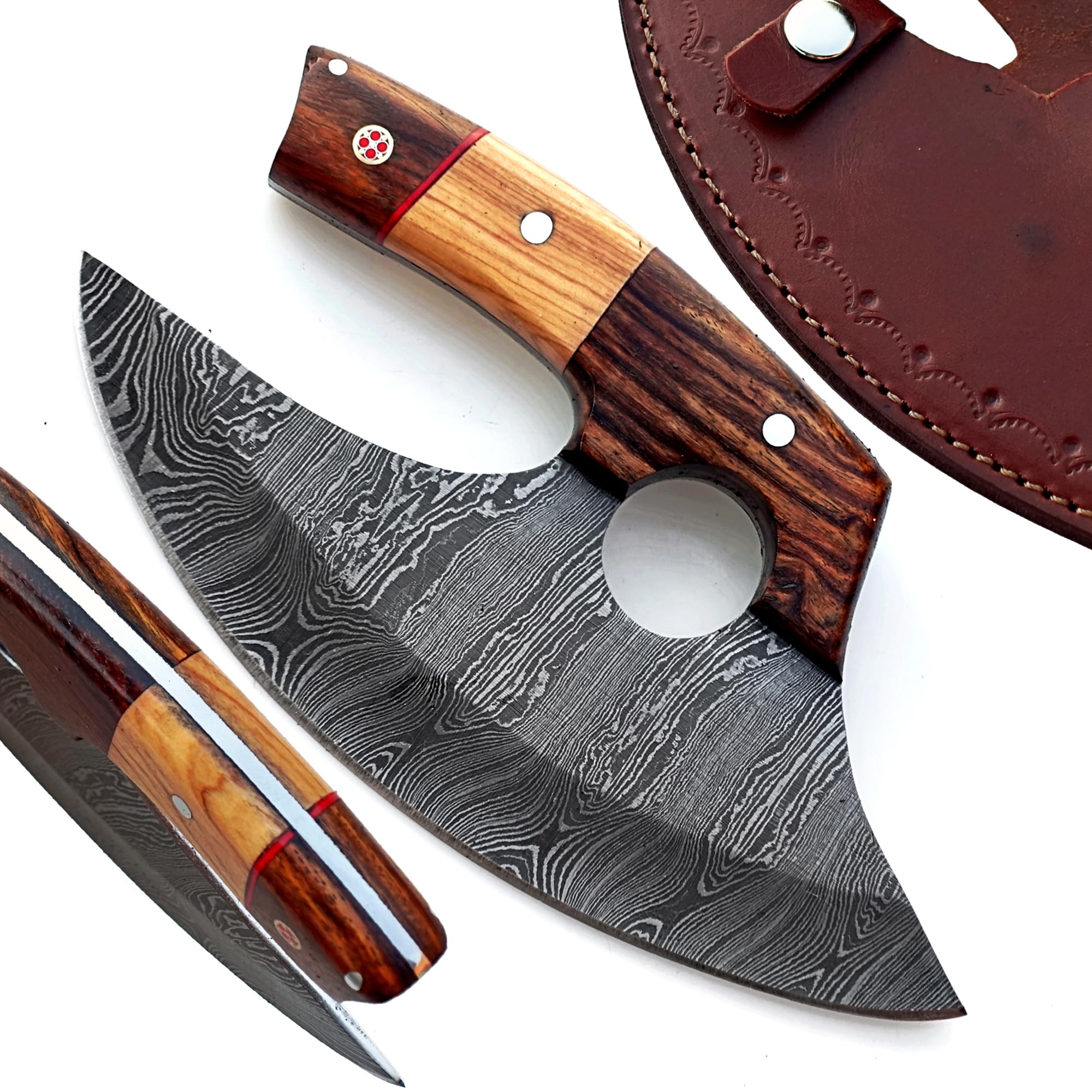 AJBLADE+ Custom Damascus Ulu Knife - Alaskan Ulu knife with Sheath - Damascus Chopping Knife - Custom Kitchen Knife; 5944