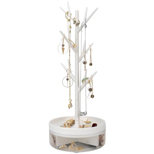 MZYOUHUO Rotating Jewelry Holder Organizer, 3 in1 Jewelry Tree Stand, 14.56 Inch High Necklace Holder Display for Necklaces Earrings Bracelets Watches Rings (White)