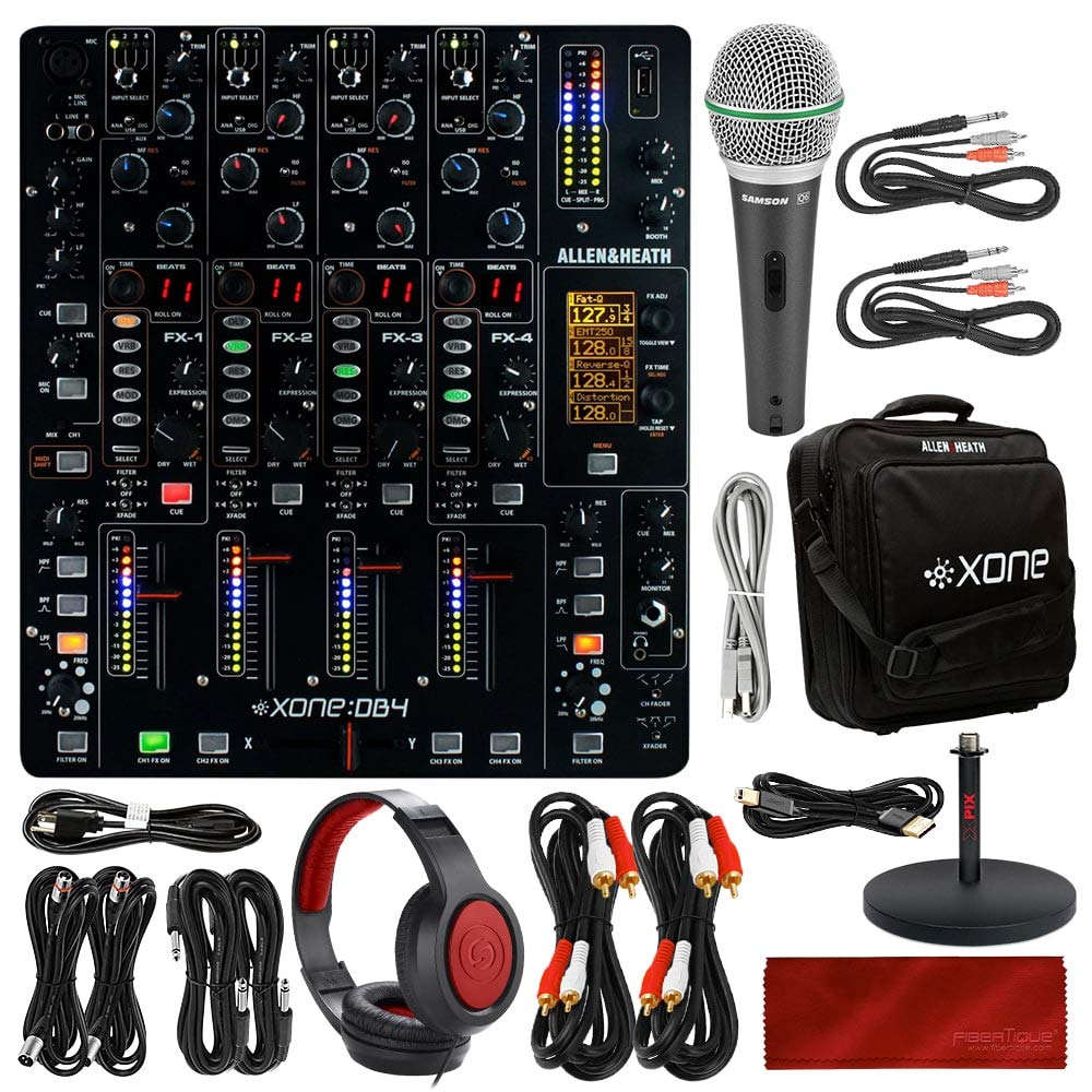 Allen & Heath XONE: DB4 4-Channel Digital DJ Mixer with Effects + Microphone + Premium Accessory Bundle