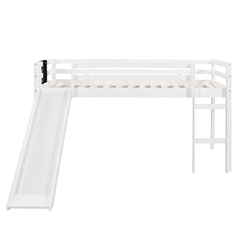 Bellemave Kids Loft Bed with Slide, Wood Loft Bed Boys Girls Twin Size, Low Loft Bed with Chalkboard(White)