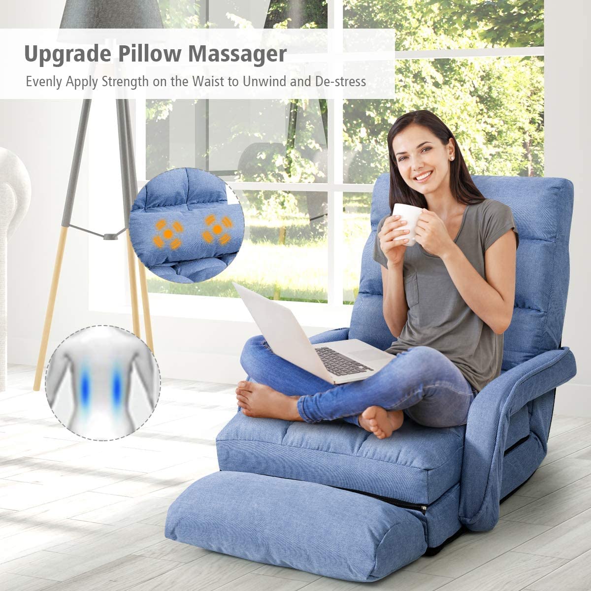 LUARANE Adjustable Massage Floor Sofa Chair, Foldable Lazy Sofa with 5-Position Adjustable Backrest Lumbar Pillow Armrests, Indoor Lounger Bed for Bedroom Living Room (Blue)