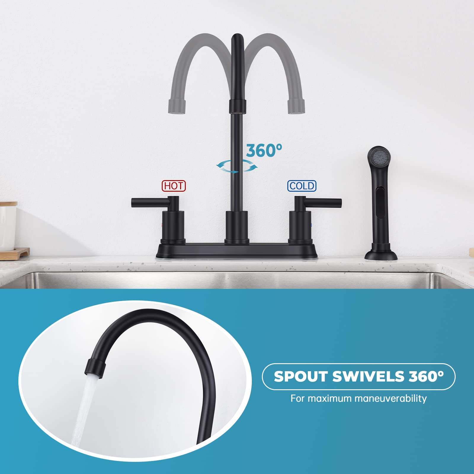 ARRISEA 8 inch Two Lever Kitchen Faucet with Pull Out Side Sprayer,Black Stainless Steel Two Handle Kitchen Sink Faucet,4 Hole Kitchen Faucets with Side Sprayer,Faucet for Kitchen Sink