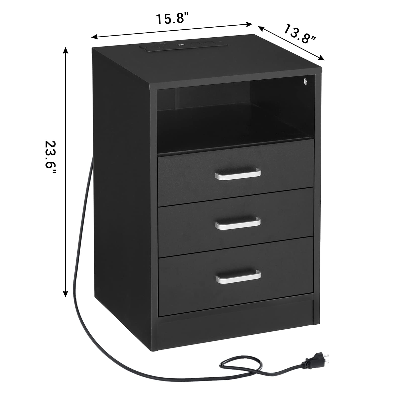 ADORNEVE Nightstand with Wireless Charging Station and LED Lights,Night Stand for Bedroom,Bedside Table with Drawers,Modern End Side Table,Black