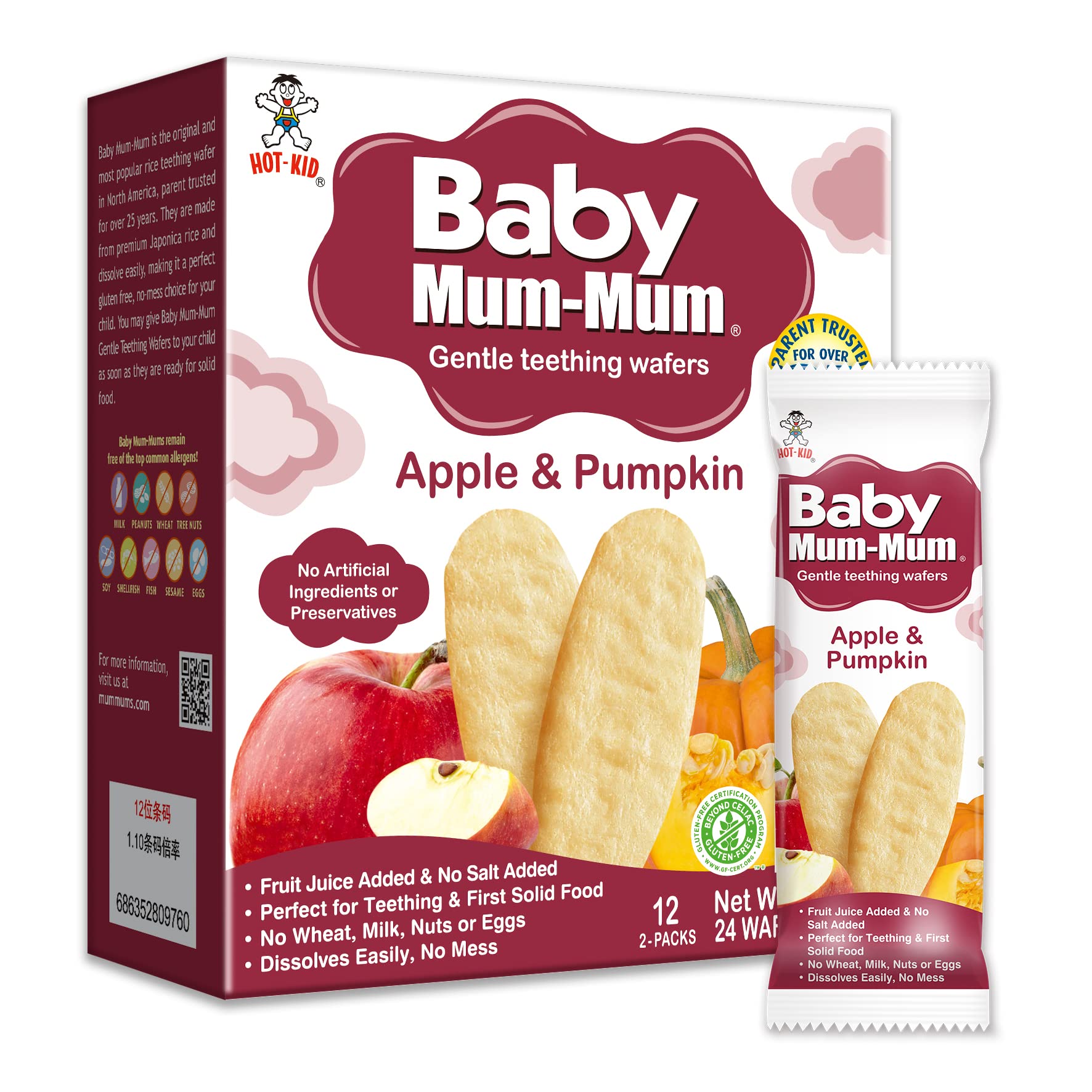 Hot-Kid Baby Mum-Mum Rice Rusks, Apple & Pumpkin, 24 Pieces (Pack of 6) Gluten Free, Allergen Free, Non-GMO, Rice Teether Cookie for Teething Infants