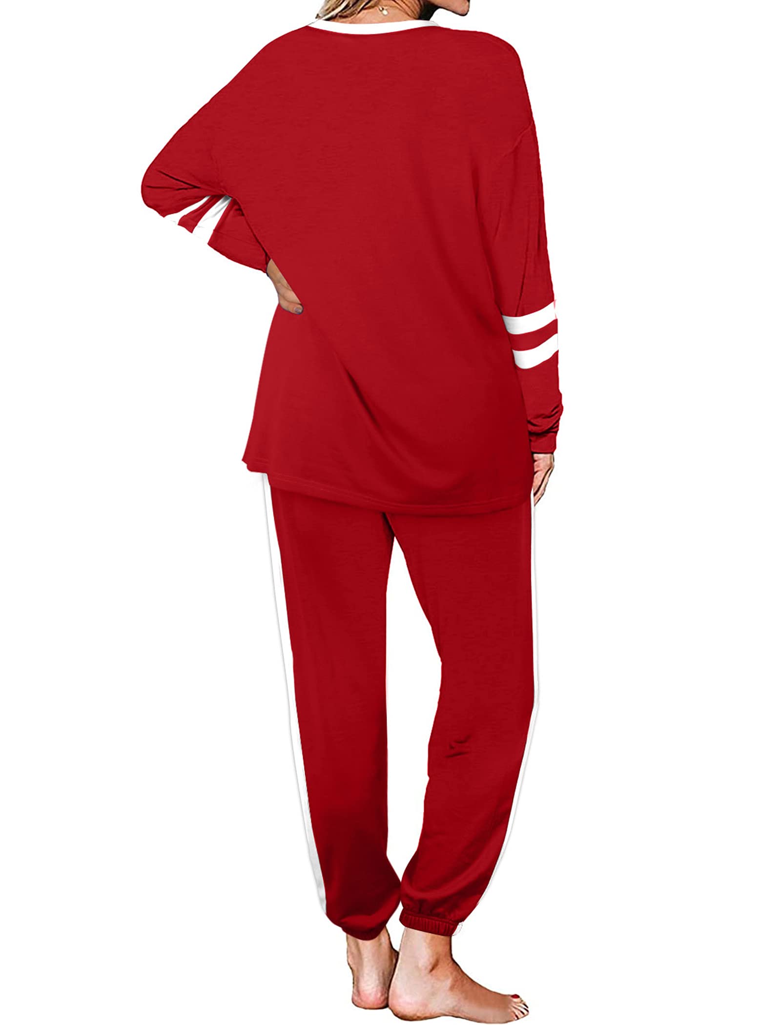 Aloodor Lounge Sets for Women 2 Piece Travel Outfits Stripe Sleeve Tops Red L