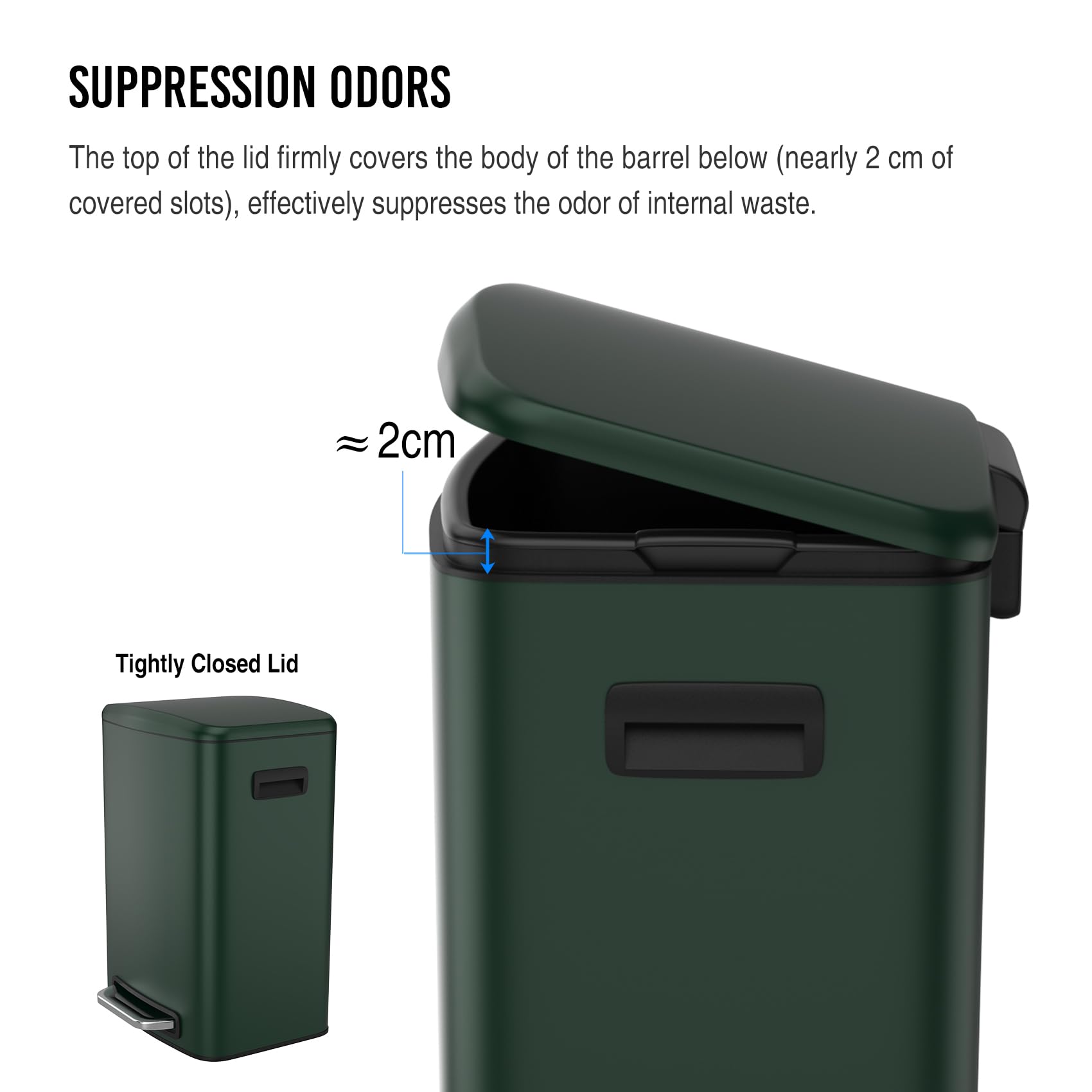 Fulocseny Rectangular Green Stainless Steel Trash Can,50 L 13 Gallon Large Capacity Foot Pedal Thickened Body Garbage Can with Soft Close Quiet Lid for Bathroom, Kitchen, Living Room