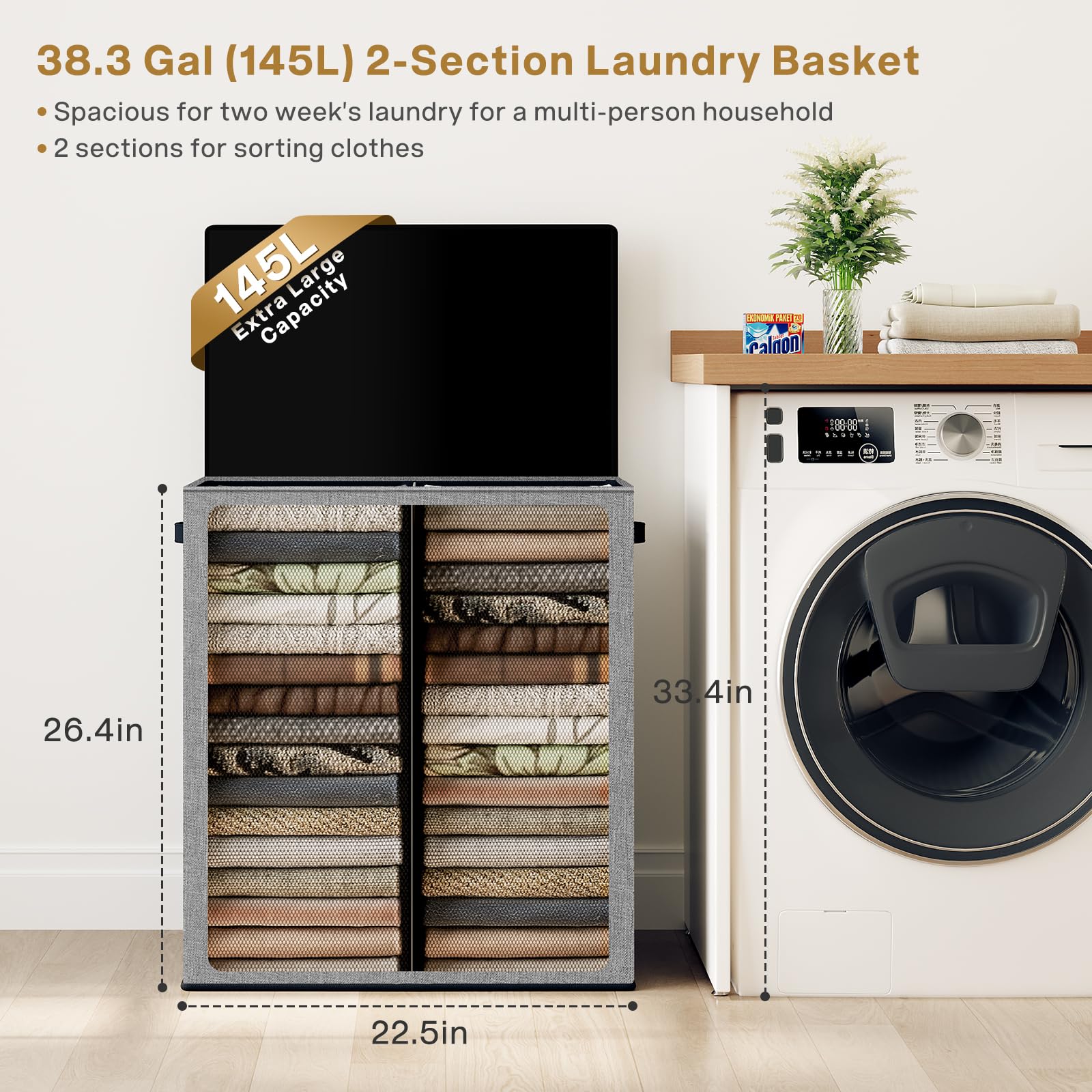 SOLEDI Luxury Double Laundry Hamper with Lid and Handle, Laundry Basket 2 Section with Removable bag, Collapsible Dirty Clothes Hampers for Laundry, Bedroom, Dorm, College