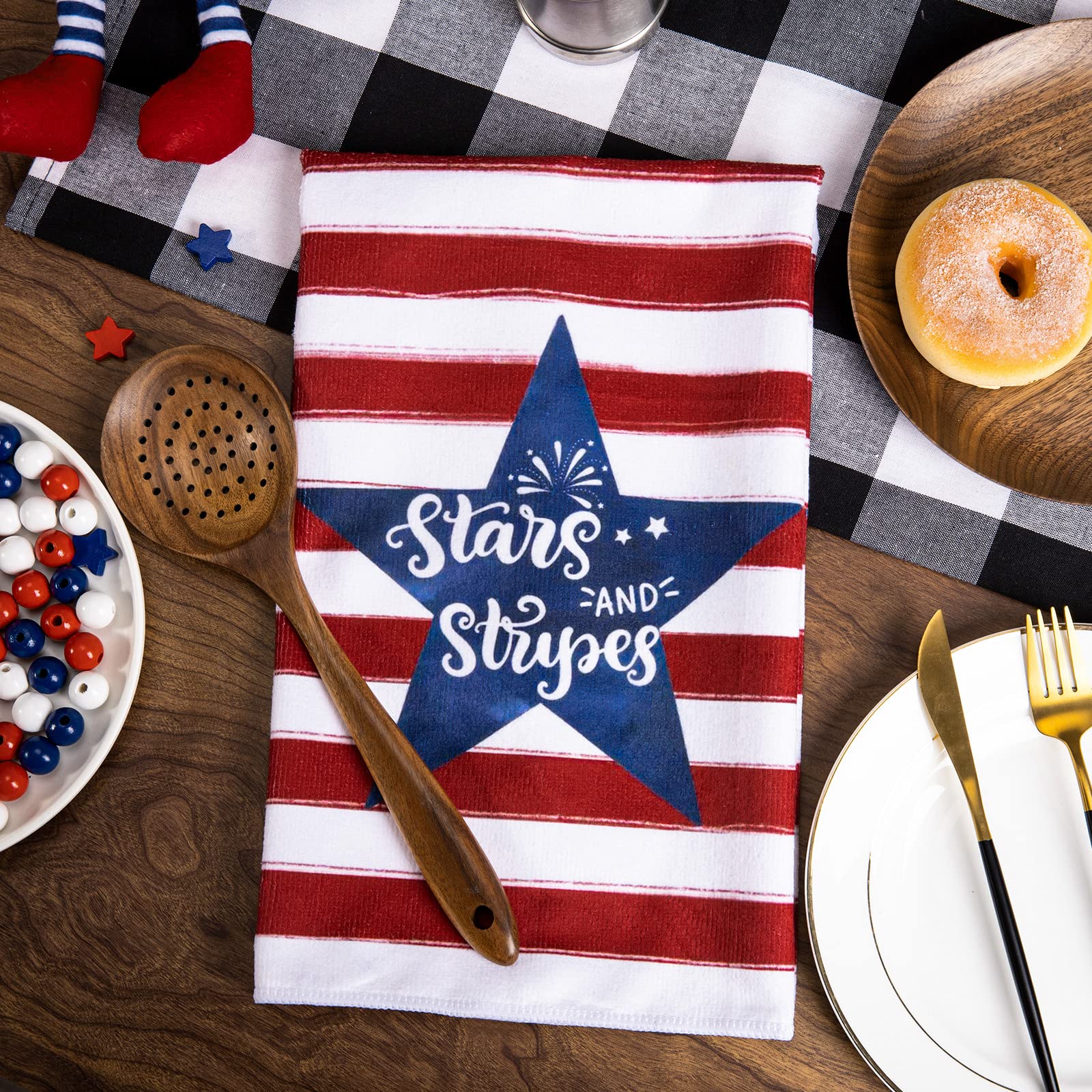 AnyDesign 4th of July Kitchen Dish Towel 18 x 28 In Independence Day American Flag Stars Stripe Dishcloth Red Blue White Cloth Tea Towel Decorative Hand Towel for Bathroom Kitchen Cooking Baking, 2Pcs