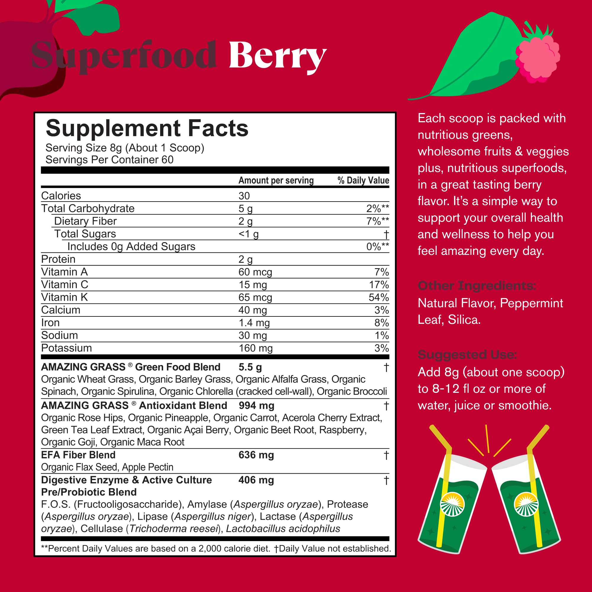 Amazing Grass Greens Blend Superfood: Super Greens Powder Smoothie Mix with Organic Spirulina, Chlorella, Beet Root Powder, Digestive Enzymes & Probiotics, Berry, 60 Servings (Packaging May Vary)