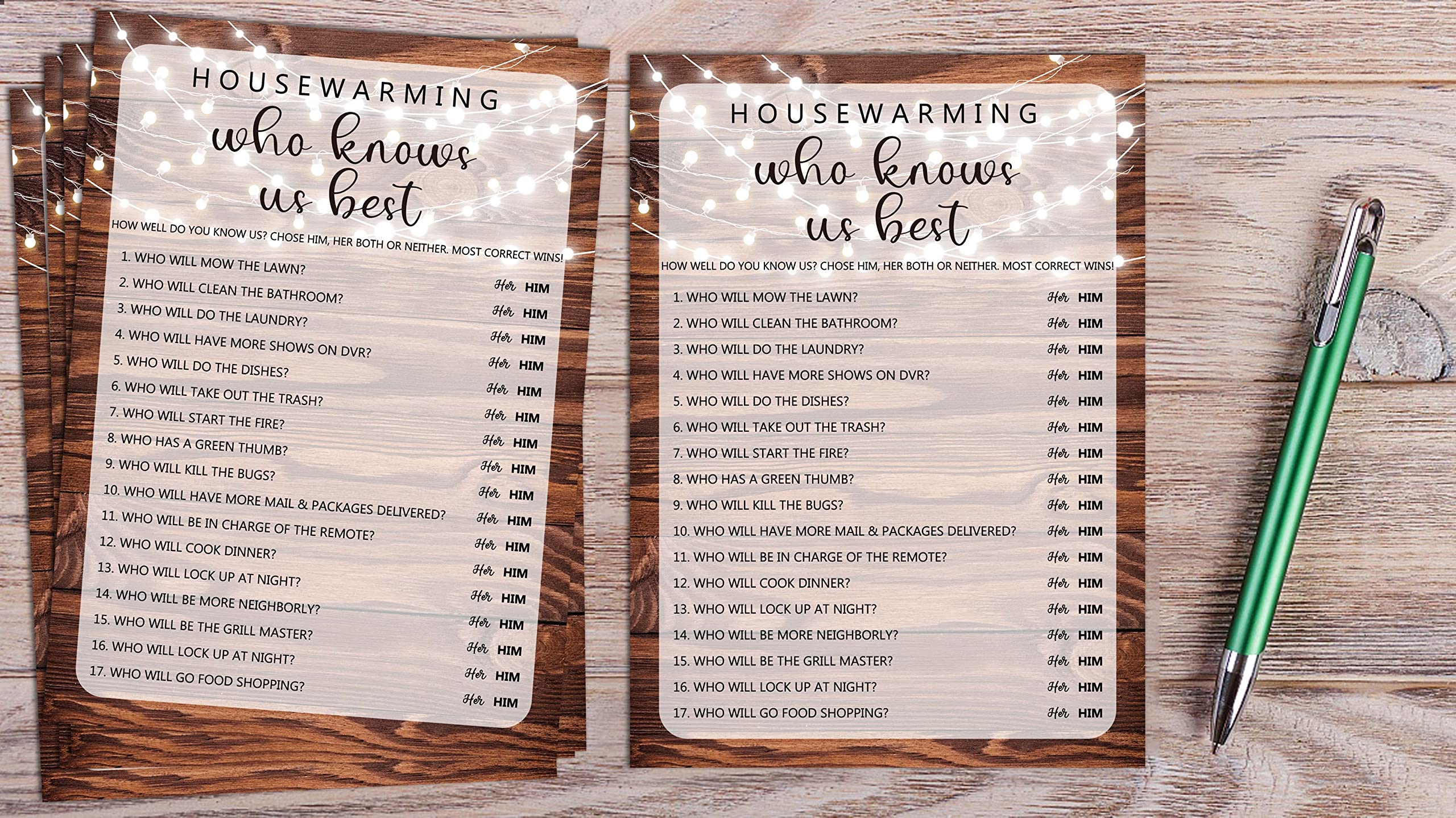 Housewarming Party Games, Who Knows Us Best, Rustic New Home, New House, New Homeowner Party Games Cards, 30 Sheets Each Pack