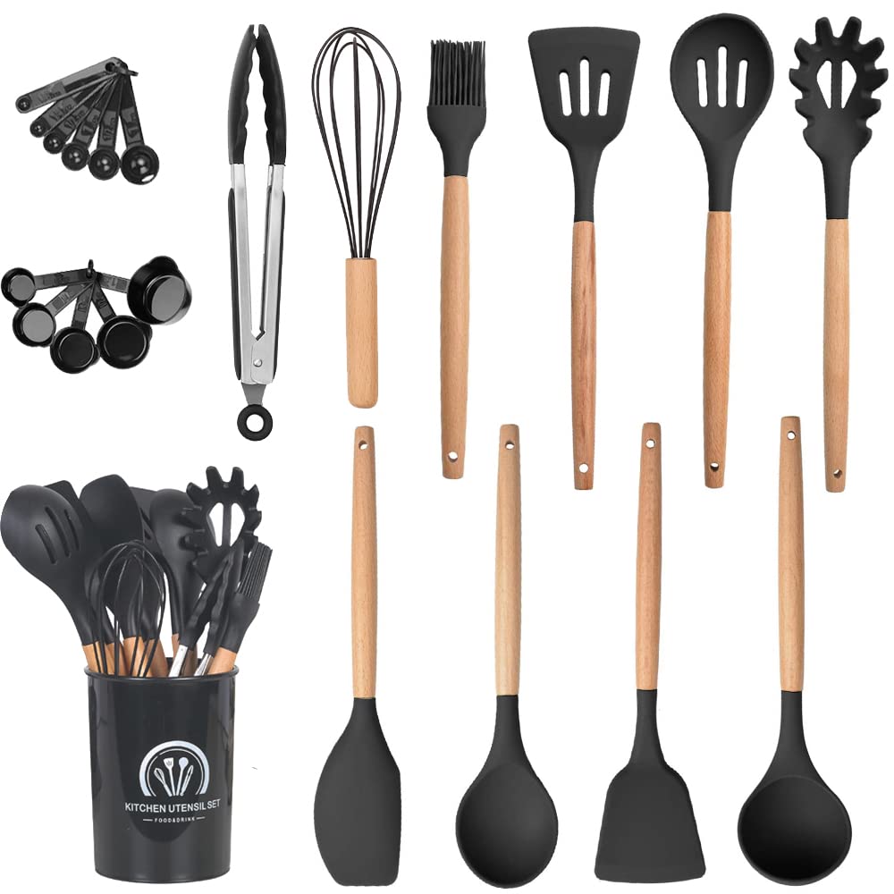 ADOSON Kitchen Utensil Set, 21 Cooking Utensils Set, Silicone and Wooden Handle Kitchen Utensils with Holder, Non-Stick and Heat Resistant, Kitchen Cooking Utensils Spatula Set, Baking, Frying(Black)