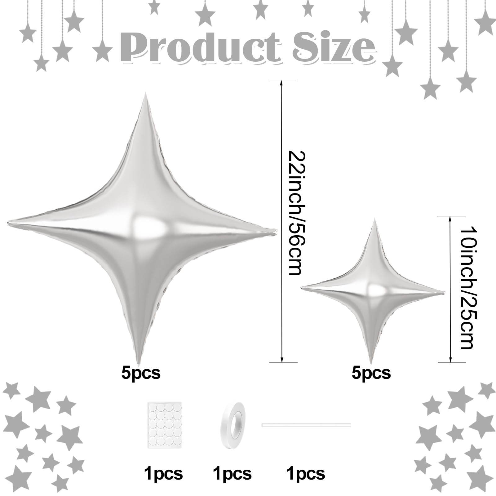 Silver Star Balloons,10Pcs Quadrangle Star Balloons,Four Angle Star Shaped Helium Mylar Balloons for Brithday,Engagement,Graduation,Wedding Party Decorations