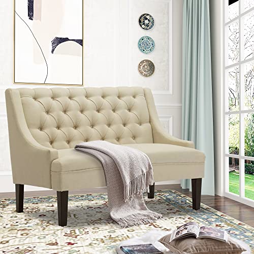 Tongli 50" Small Modern Loveseat Settee Sofa Linen Fabric 2-Seat Sofa Couch Tufted Love Seat Dining Bench with Back Upholstered Banquette Sofas for Living Room Bedroom Small Space Entryway