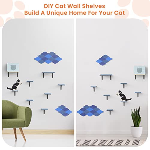 Bodato Cat Wall Shelves Set, Cat Wall Climbing Furniture - 7 Wooden Steps,1 Condo House and 2 Fish Shape Scratcher Included