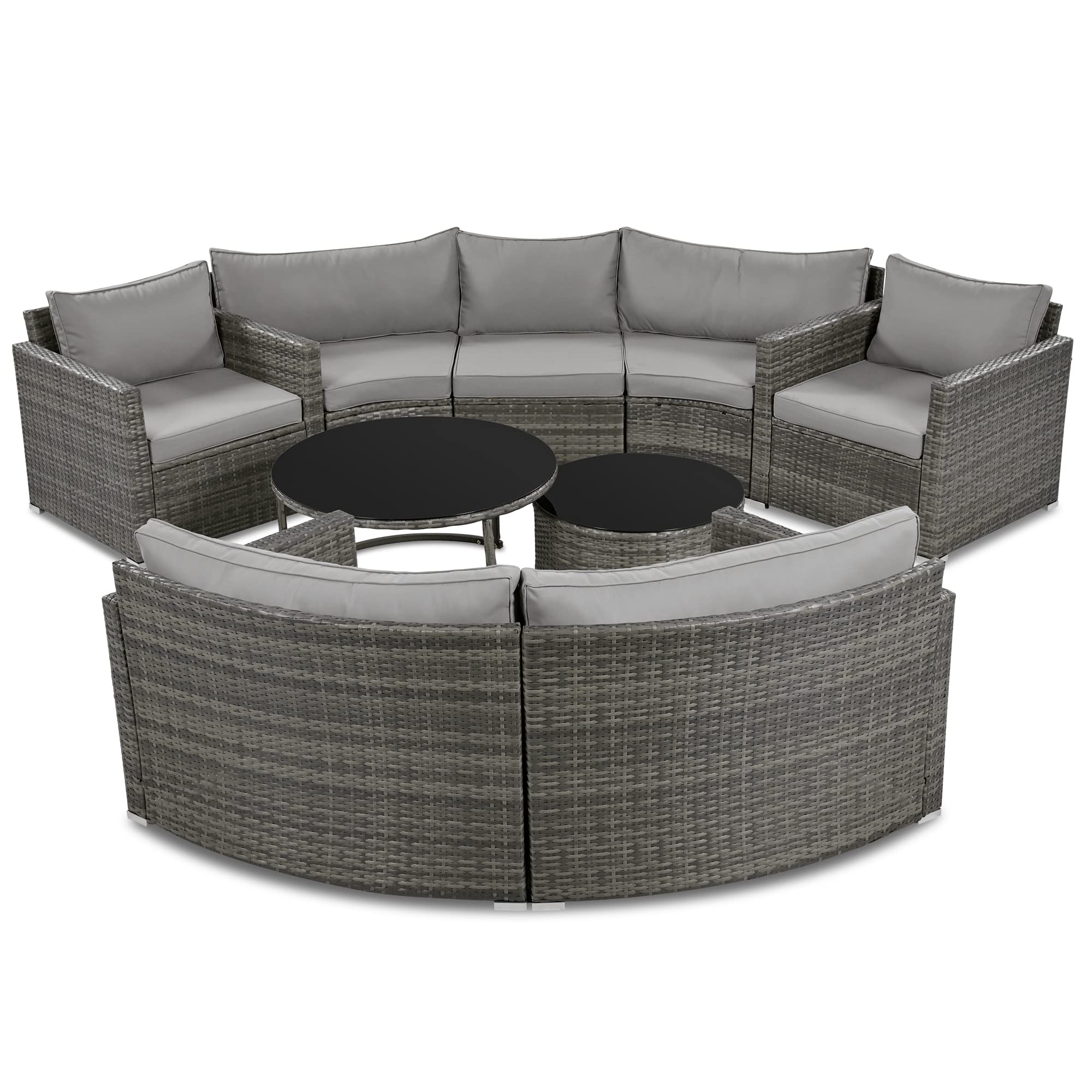 Bellemave 9-Piece Patio Sectional Set Half-Moon Sofa Set Gray Wicker Curved Outdoor Sofa with Gray Cushions & Nesting Coffee Table, All-Weather PE Wicker Semi-Circular Couch