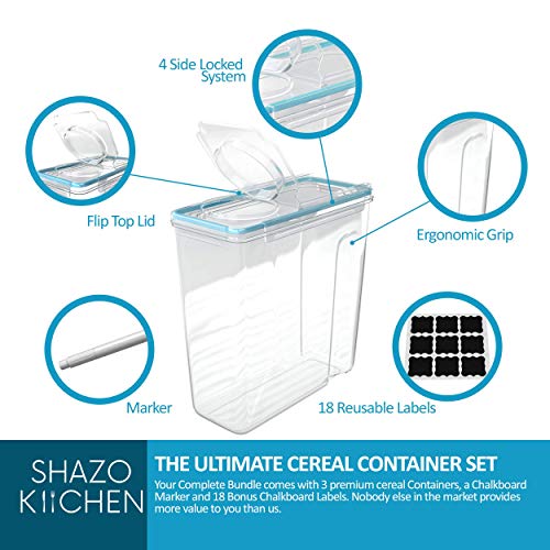 Top Quality Cereal Container Storage Set 3 Pc -135.2oz + 18 Labels & Pen - Airtight Dry Food Keepers - Great For Cereal, Flour, Sugar - BPA Free Dispenser - Shazo …