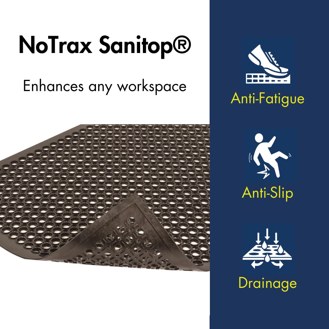 NoTrax Sanitop® 3' x 10' Lightweight Restaurant Rubber Floor Mat with Drainage Holes and Beveled Edges, Anti-Slip Mats, Black, 562S0310BL
