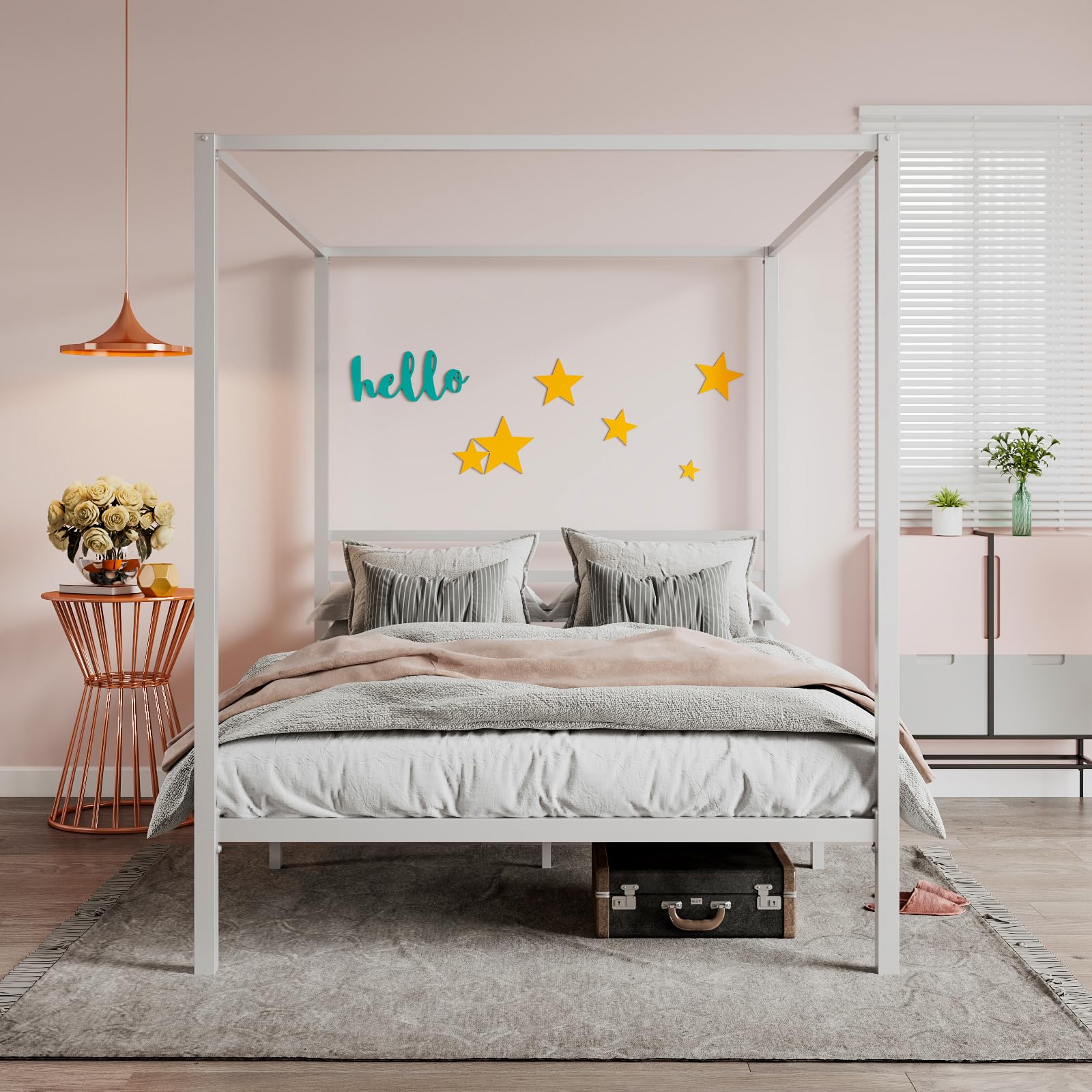 SHA CERLIN Metal Canopy Bed Frame Full Size/Mattress Foundation with Metal Slats Support/No Box Spring Needed/Easy Assembly/White