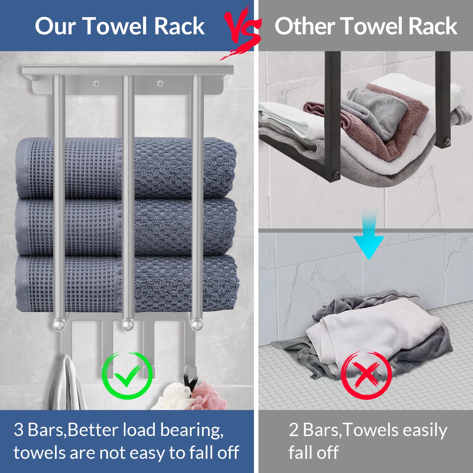 Bathroom Towel Rack with 4 Hooks - Wall Mount Towel Holder for Bathroom with Metal Shelf, Ideal Bathroom Storage Organizer and Decor（Grey）