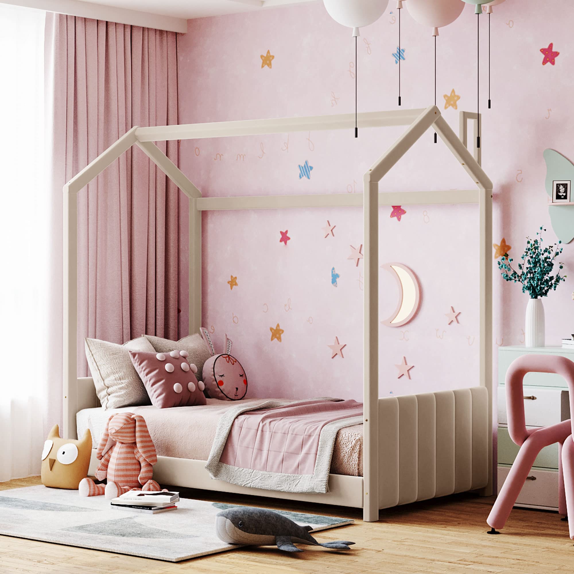 Bellemave House Beds Twin Size Velvet Montessori Bed for Kids Upholstered Floor Frame with Headboard & Footboard Girls Boys Teens, Beige