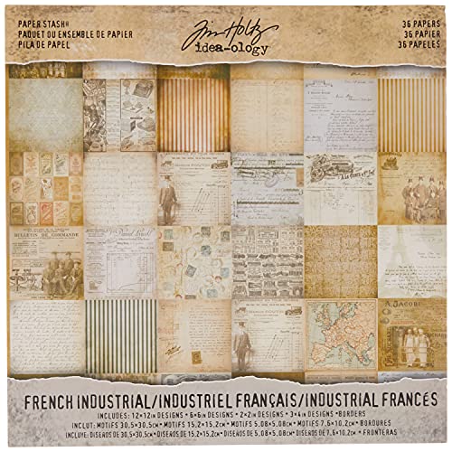 French Industrial Paper Stash by Tim Holtz Idea-ology, 36 Sheets, Double-Sided Cardstock, Various Sizes, Multicolored, TH93052