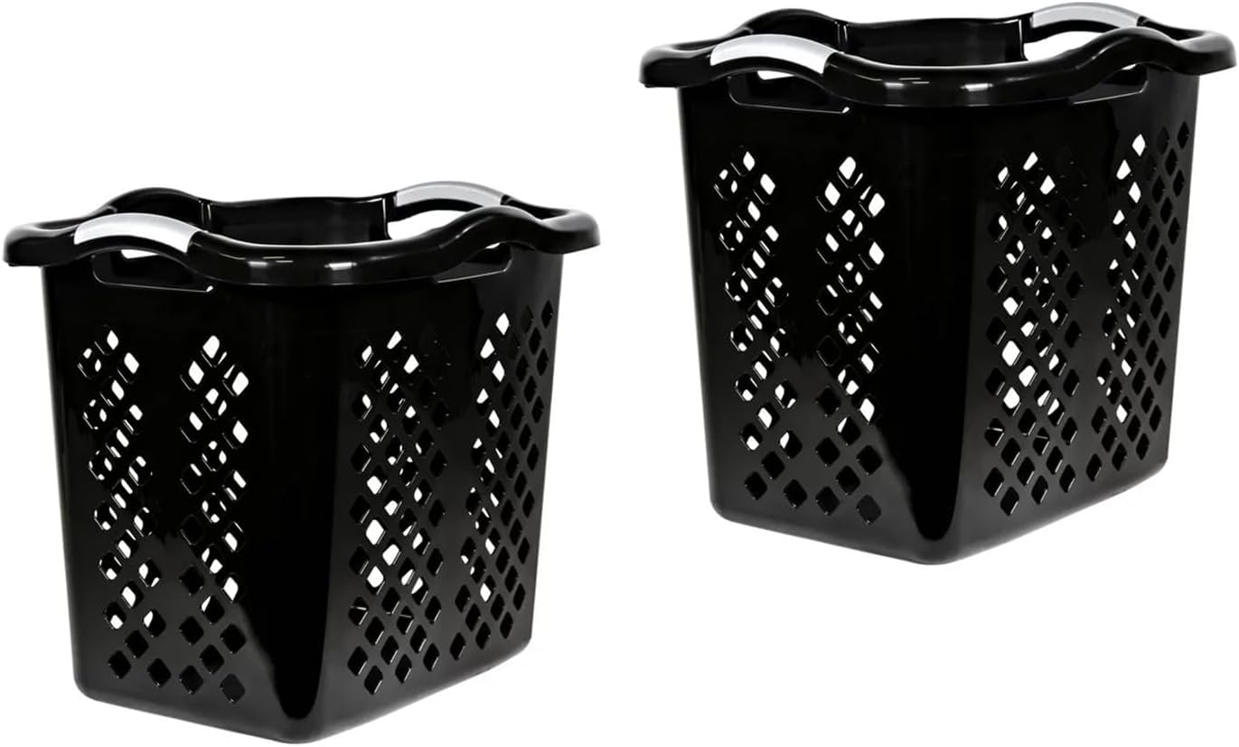 AuOsi 2 Pack Ultra Easy Carry Plastic Laundry Hamper, 2 Bushel Lamper Plastic Laundry Basket with Silver Handles,Dirty Clothes Laundry Hamper Bin for Home, Apartment, or Dorm Room, Black, KT458