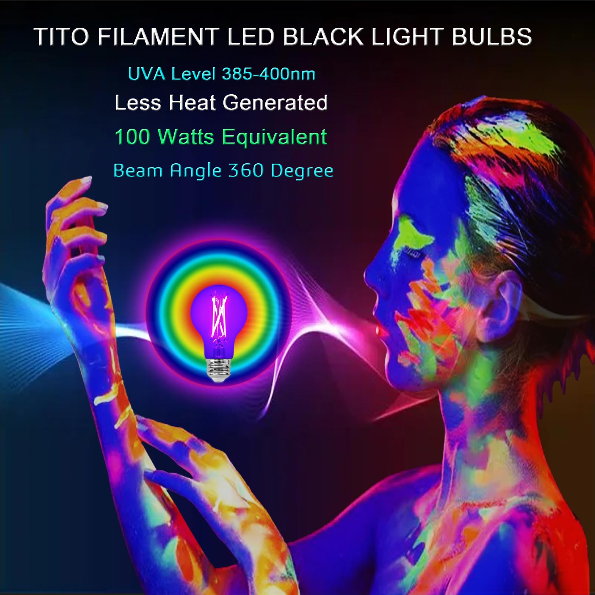 TITO 2 Pack E26 A19 Filament LED Black Light Bulbs, UVA 395nm 6W Blacklight Bulb 100W Equivalent, Black Light Bulb Glow in Dark Halloween Christmas Party Fluorescent Tapestry Poster Decor Body Paint