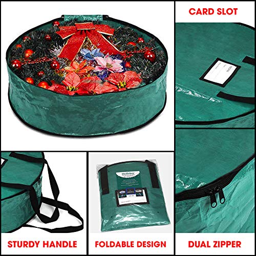 ProPik Christmas Wreath Storage Bag 24" - Garland Holiday Container with Tear Resistant Material - Featuring Heavy Duty Handles and Transparent Card Slot - (Green)